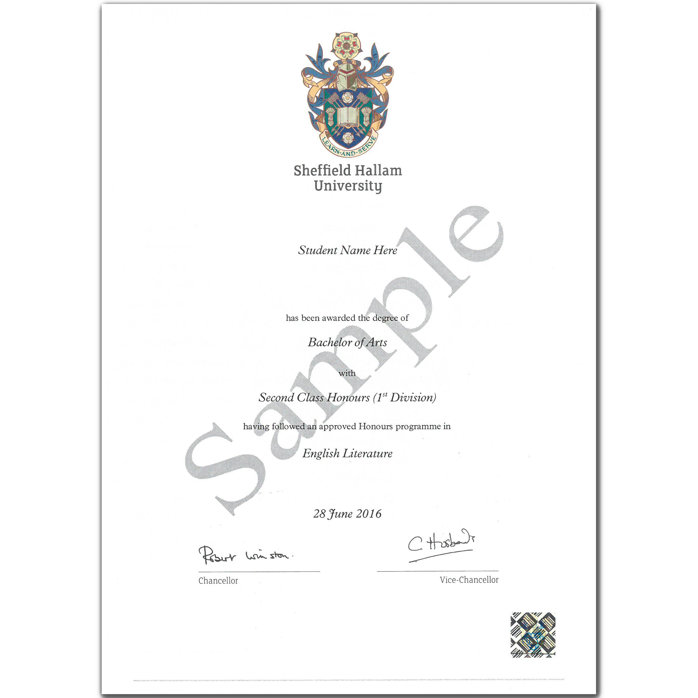 Replacement Award Certificate Sheffield Hallam University Online Store